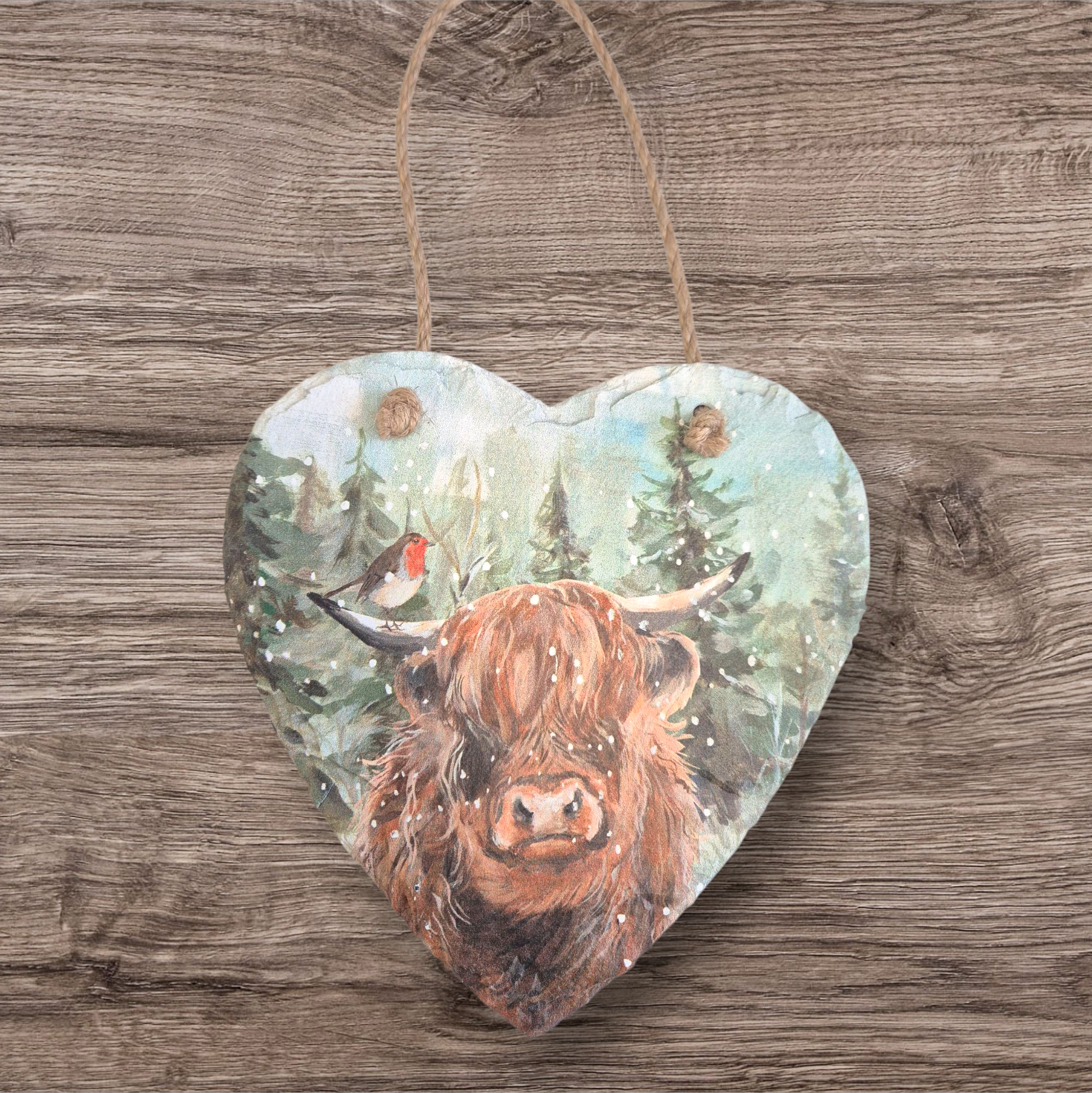 Highland Cow Christmas Slate Heart - Robertson's